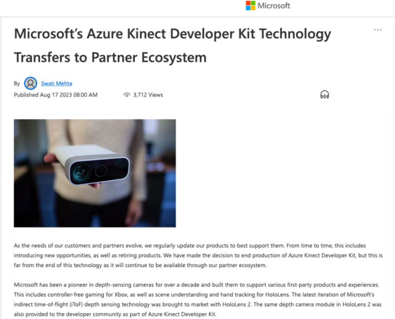 微软Azure Kinect谢幕 奥比中光接棒_天天基金网